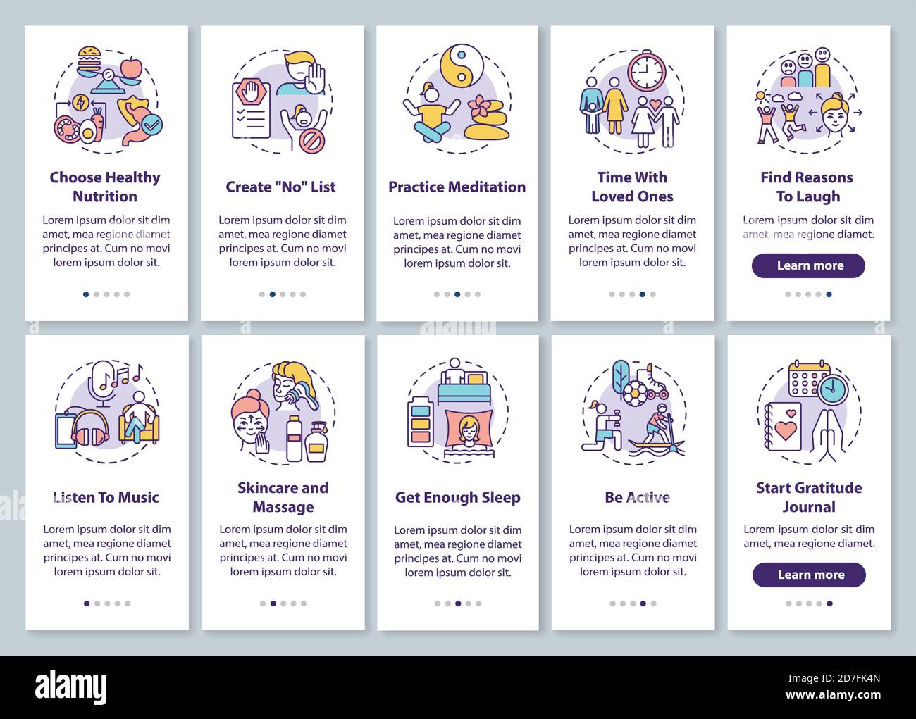 Self care onboarding mobile app page screen with concepts set Stock ...