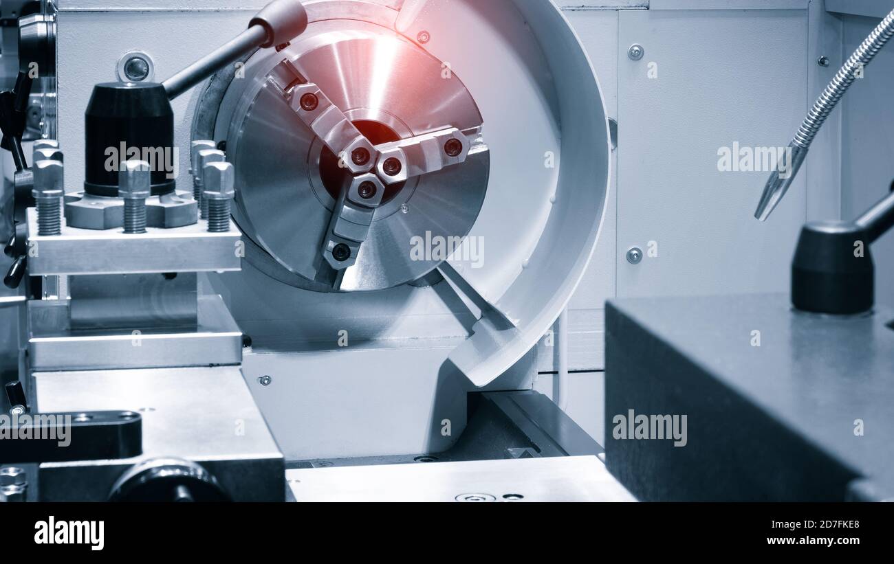 CNC lathe machine or Turning machine with rotating spindle with metal ...