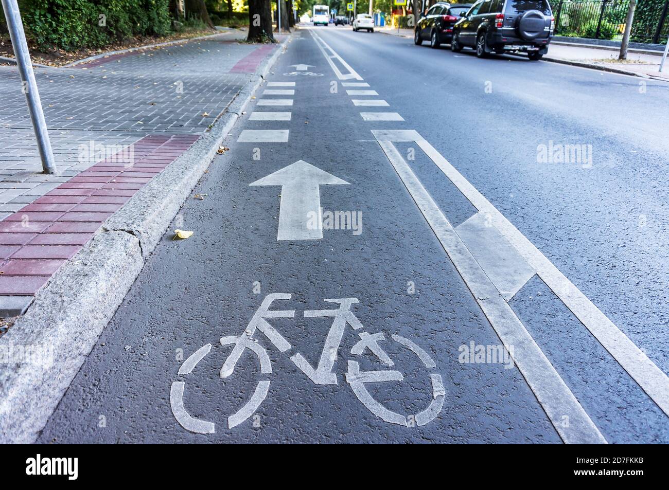 Kaliningrad, Komsomolskaya street, Russia, August 16, 2020. Bike path ...