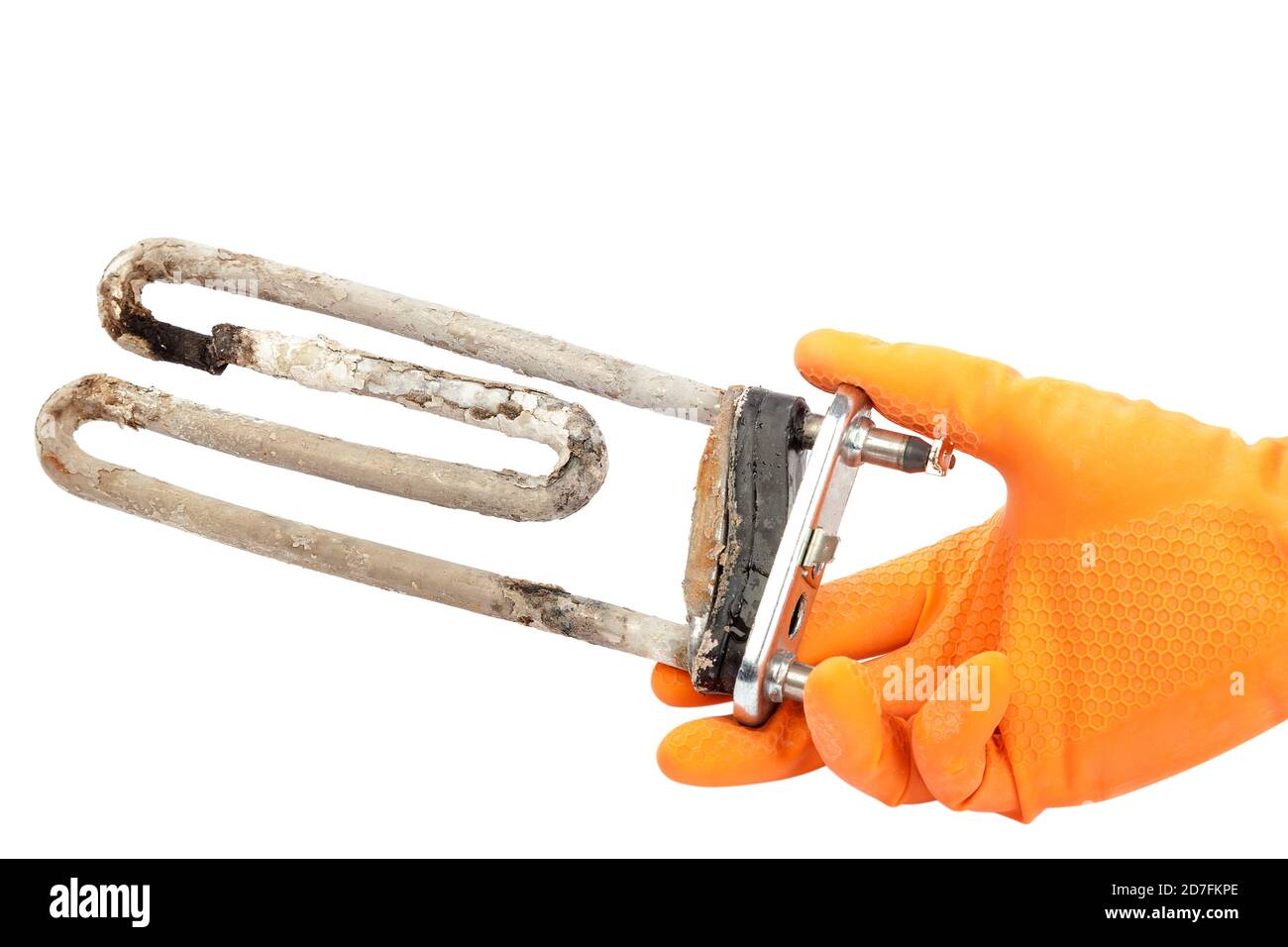Damaged heating element of the washing machine in hand isolated on ...