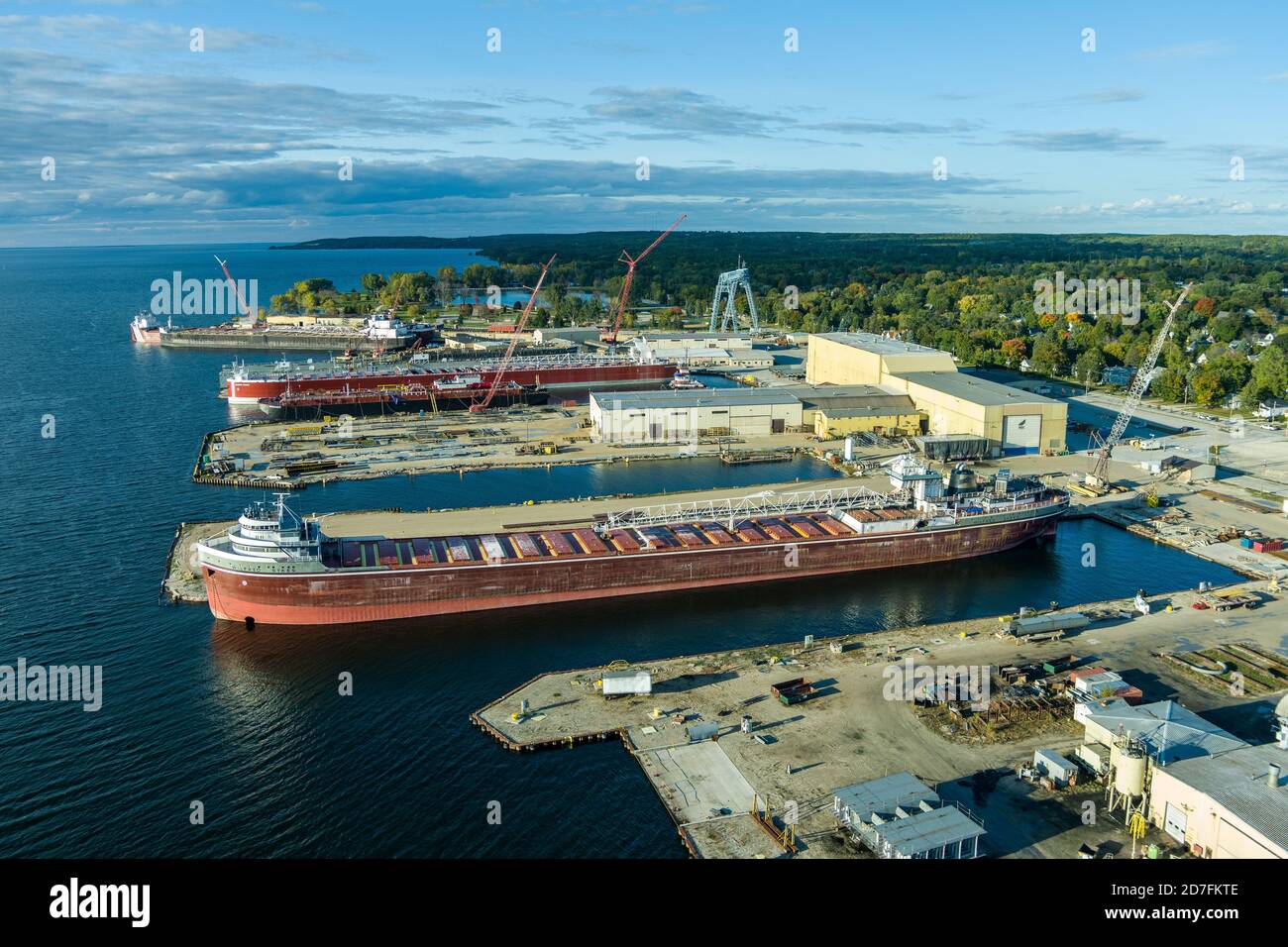 Sturgeon Bay, WI - 4 October 2020: An aerial view of cargo ships being ...