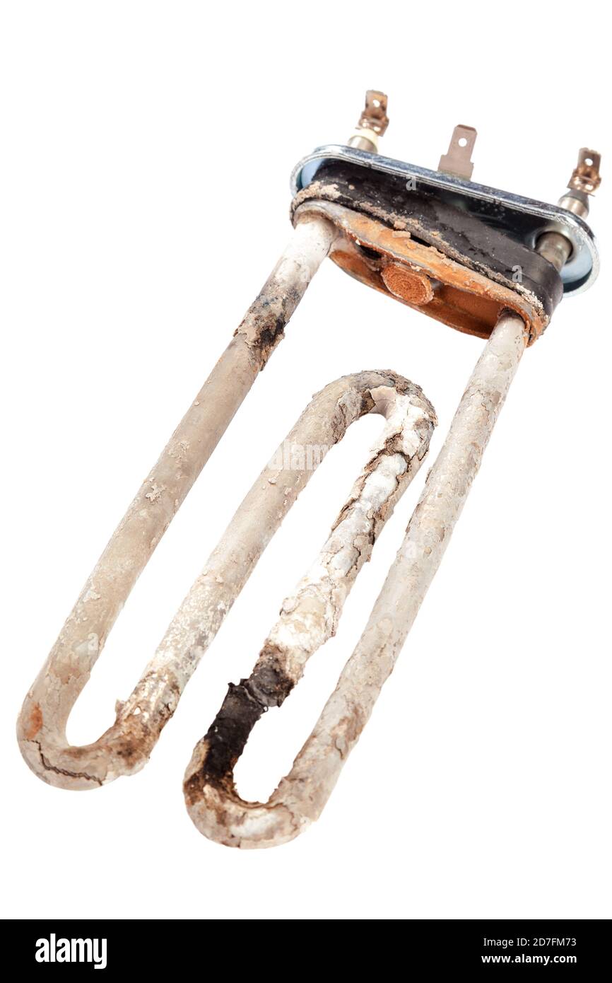 Damaged heating element of the washing machine is isolated on a white ...