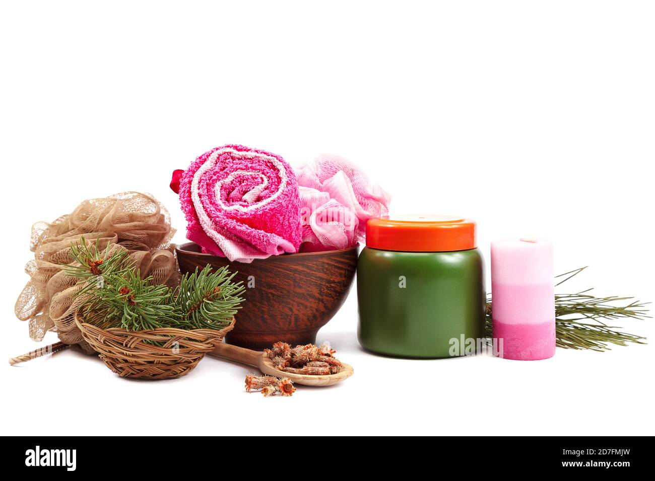 Hygiene products, shampoo, towel, washcloth isolated on white ...