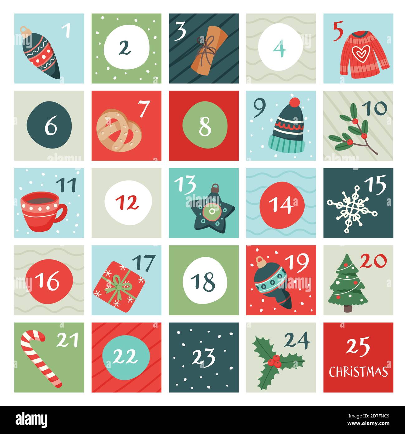 Advent calendar with christmas elements. Vector illustration in flat ...