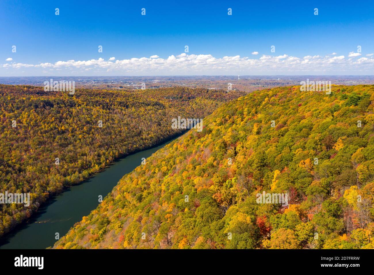 Aerial drone image of the Cheat River flowing through narrow wooded ...