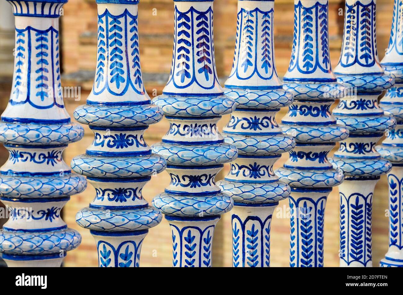Blue, ceramic balusters on a handrail in the Plaza de España (Spain ...