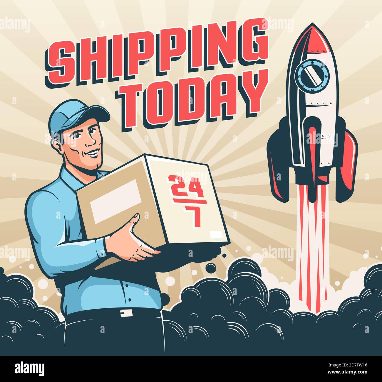 Postman Courier man with parcel box - retro advertising poster Stock ...