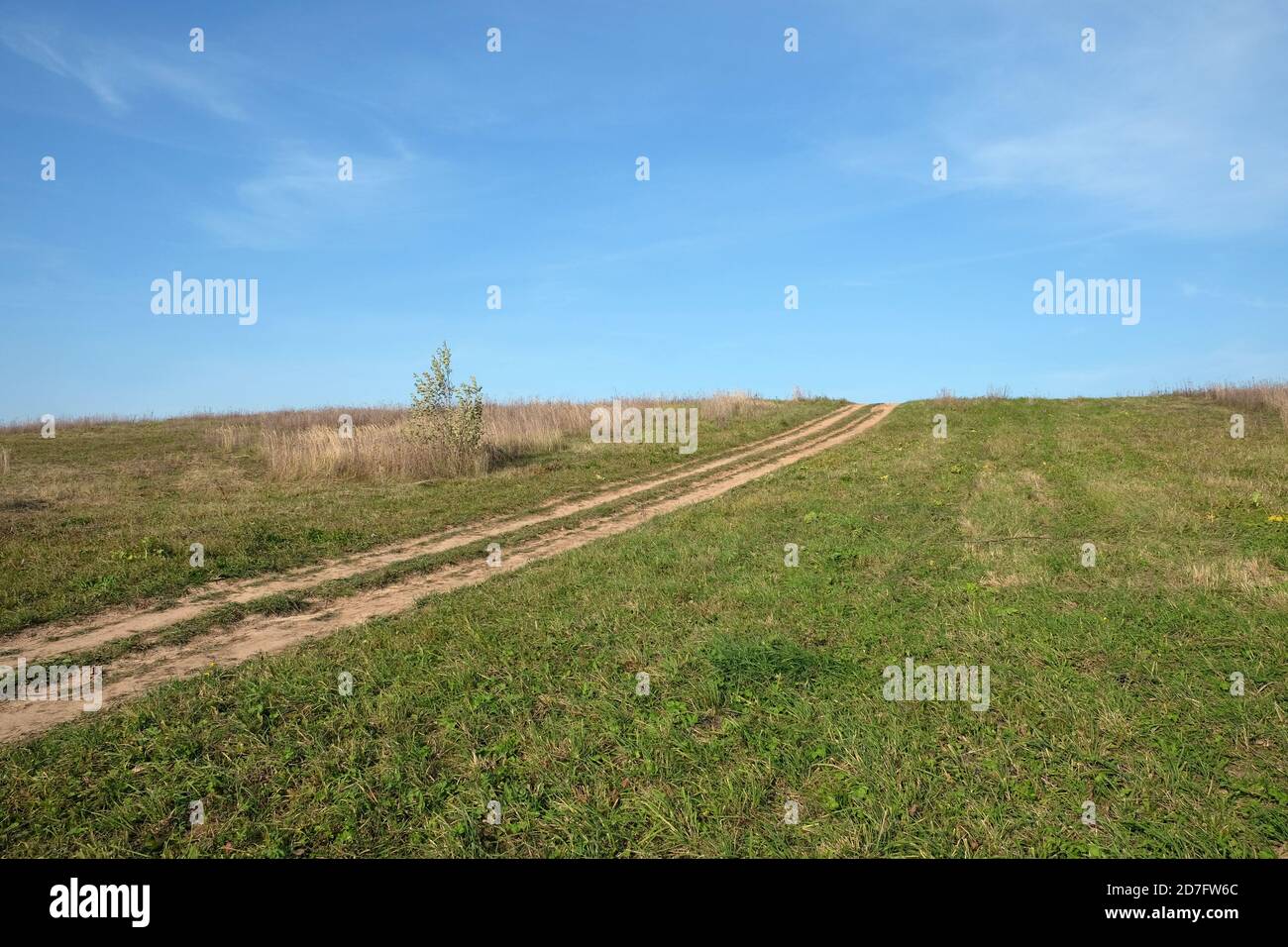 Beautiful rural landscape with side view of ground road runs through a ...