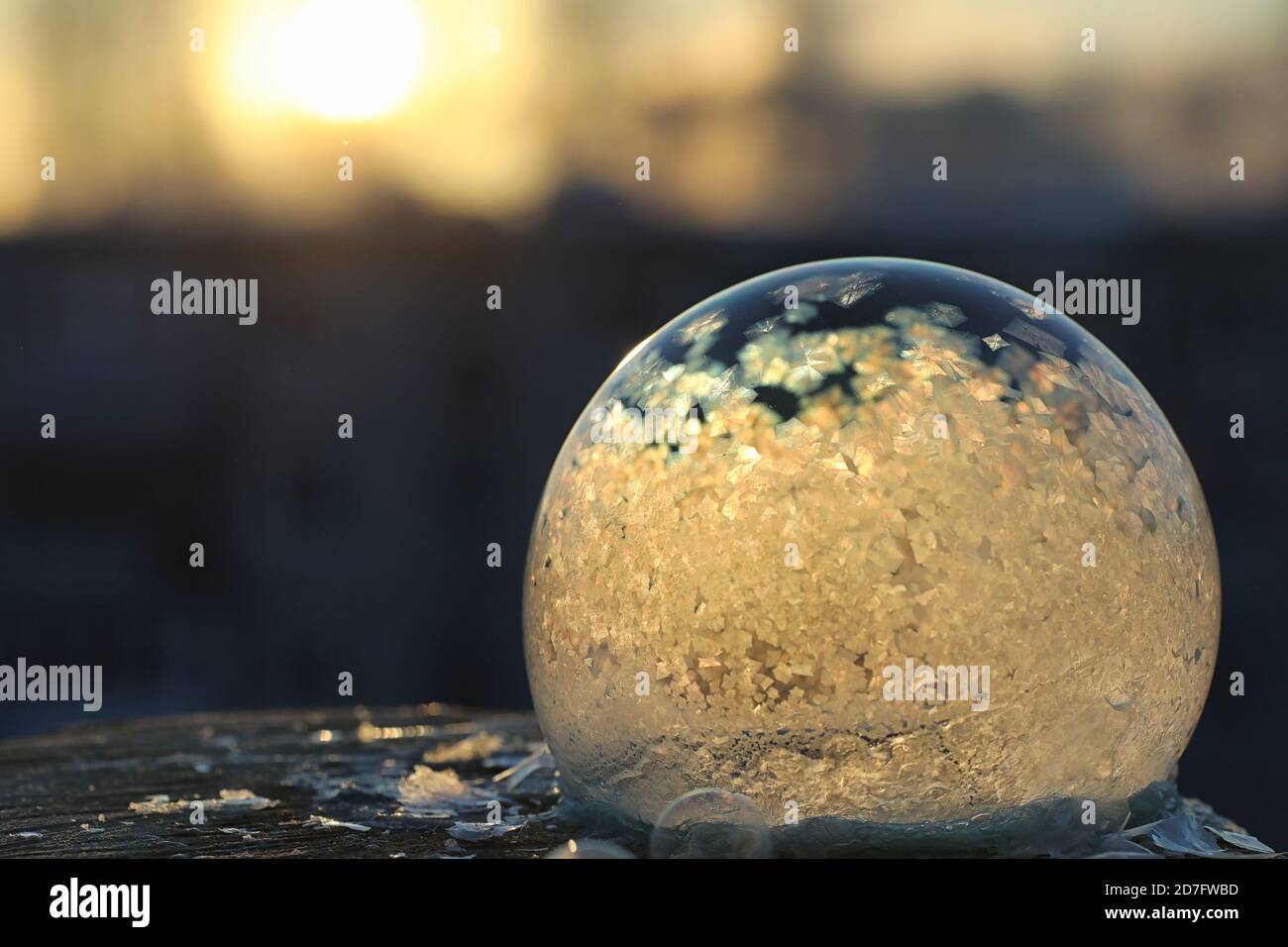 Soap bubbles freeze in the cold. Winter soapy water freezes in air ...