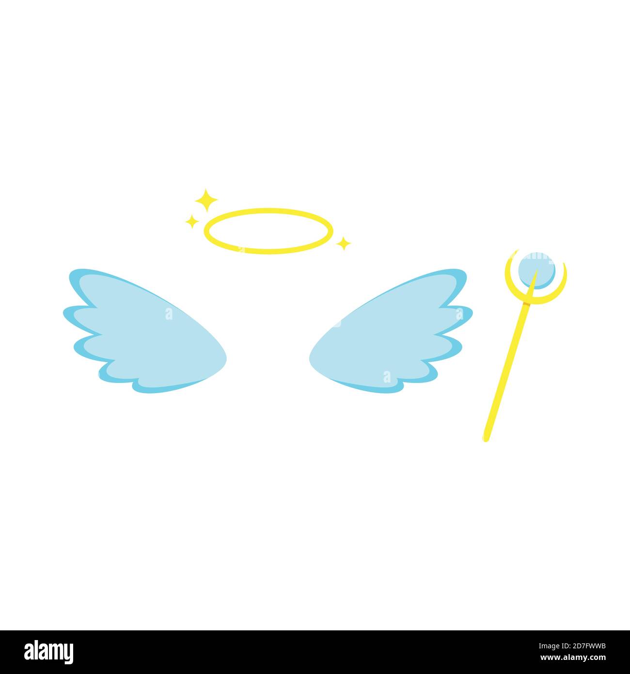 Angel costume with wings, halo, staff attributes isolated on white ...