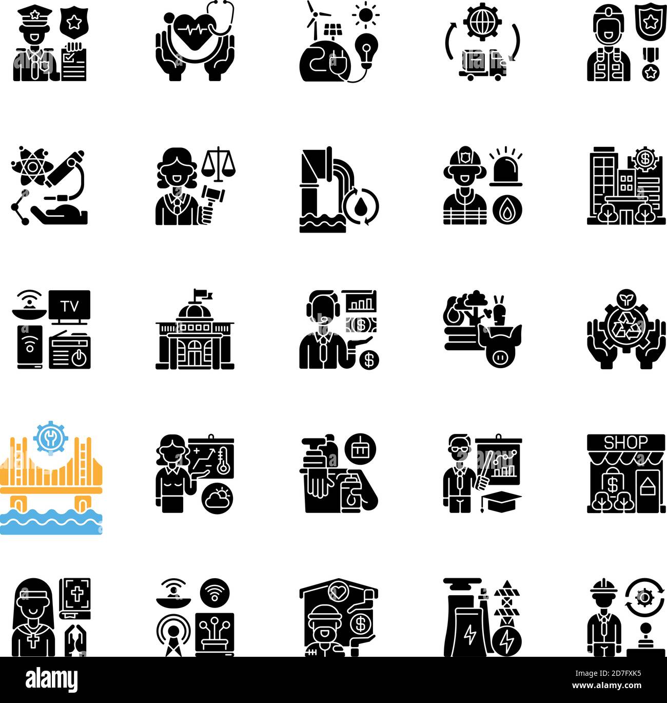 Essential services black glyph icons set on white space Stock Vector ...