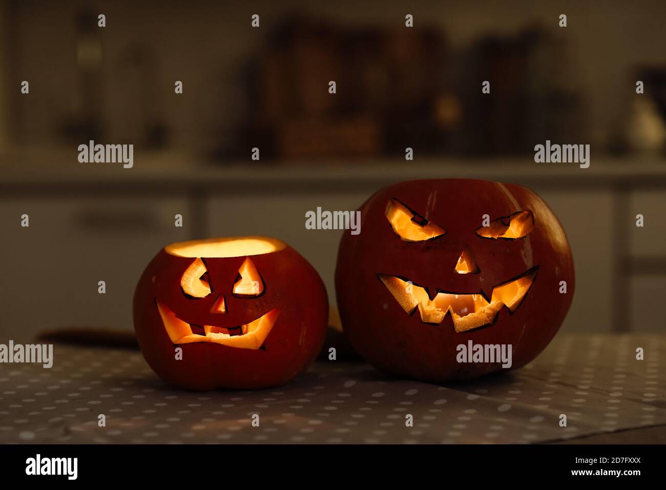 Halloween pumpkins smile and scary eyes for party night. Close up view ...