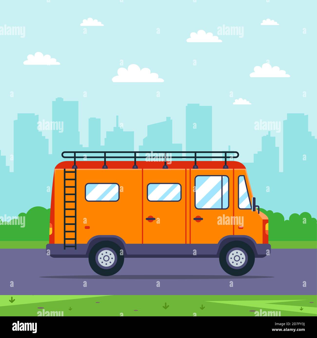 orange van goes to nature from the city. flat vector illustration Stock ...