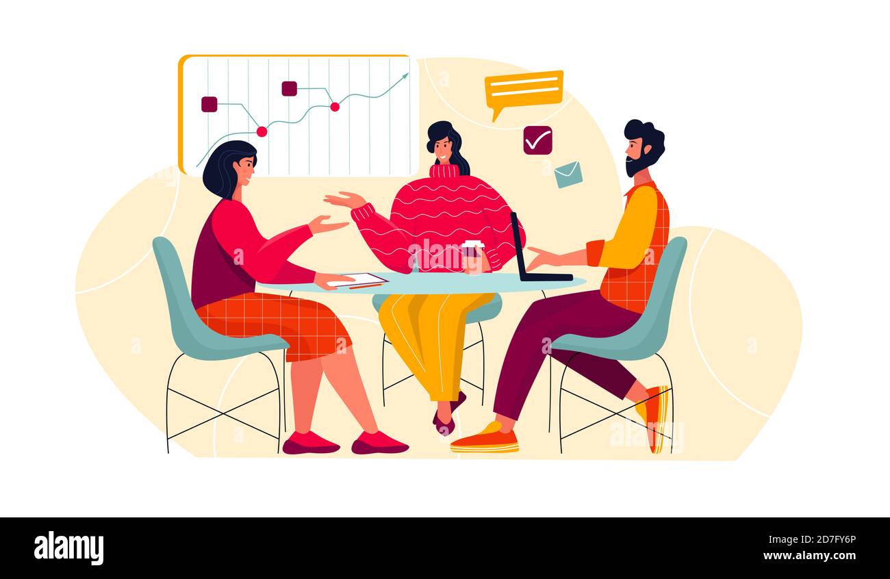 Vector illustration of office workflow employees and team building. Man ...