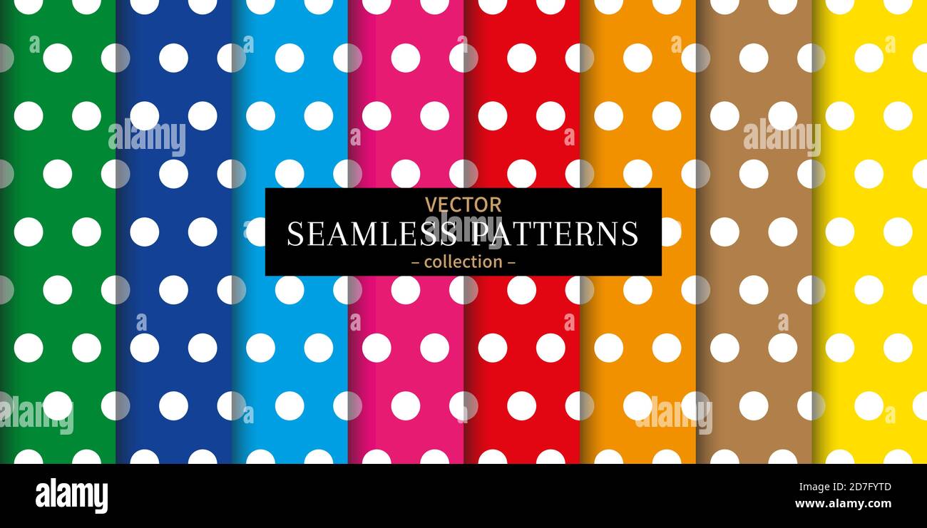 Set of big white polka dots seamless pattern on bright colorful ...