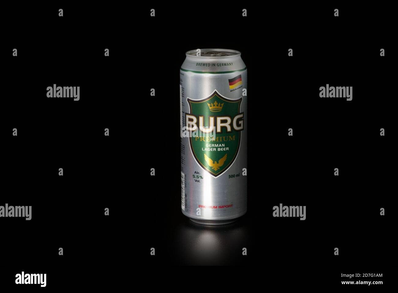 Burg premium beer aluminum can, half lighted on black background Stock ...