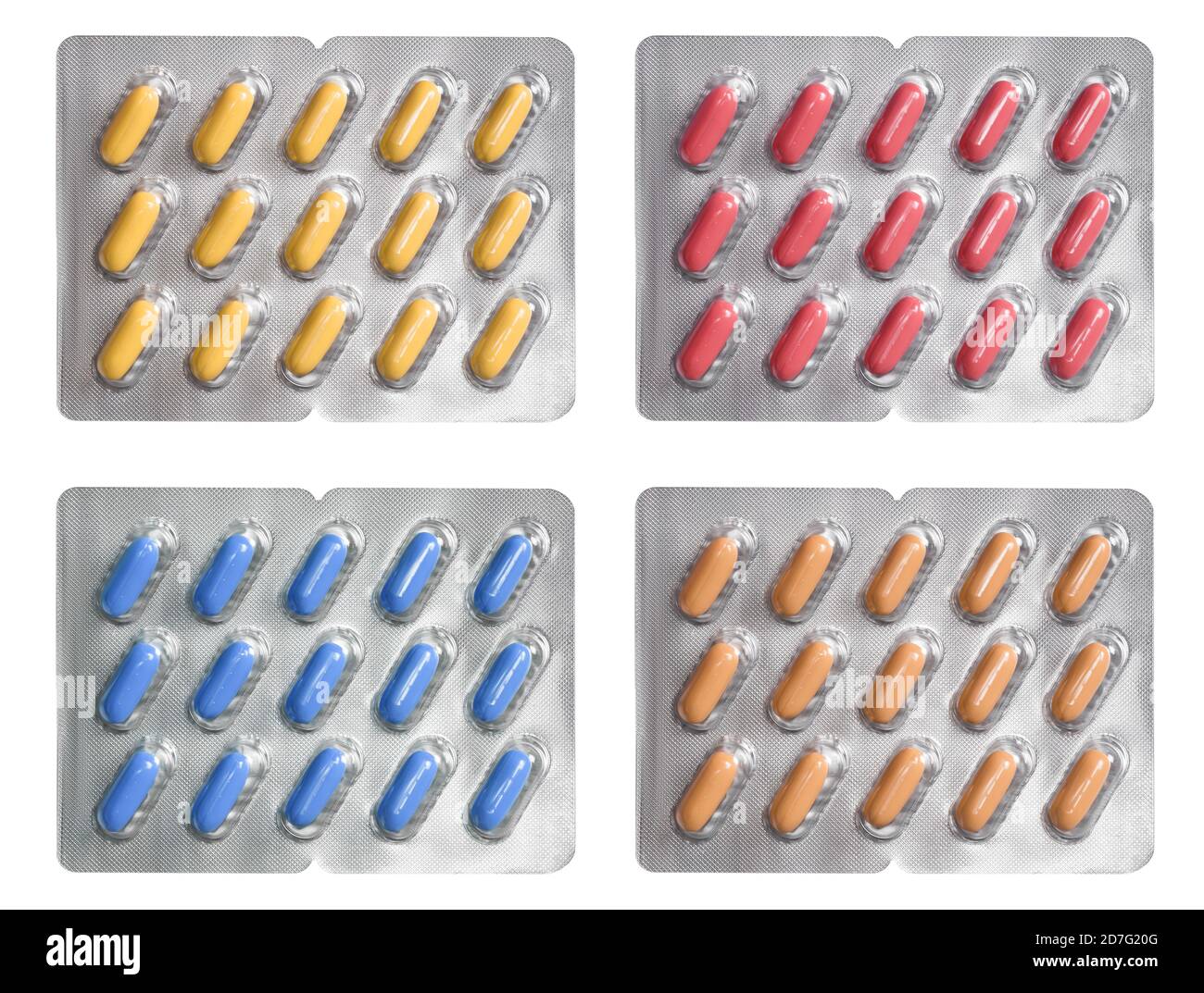 Set of multicolored pills isolated on white background Stock Photo - Alamy