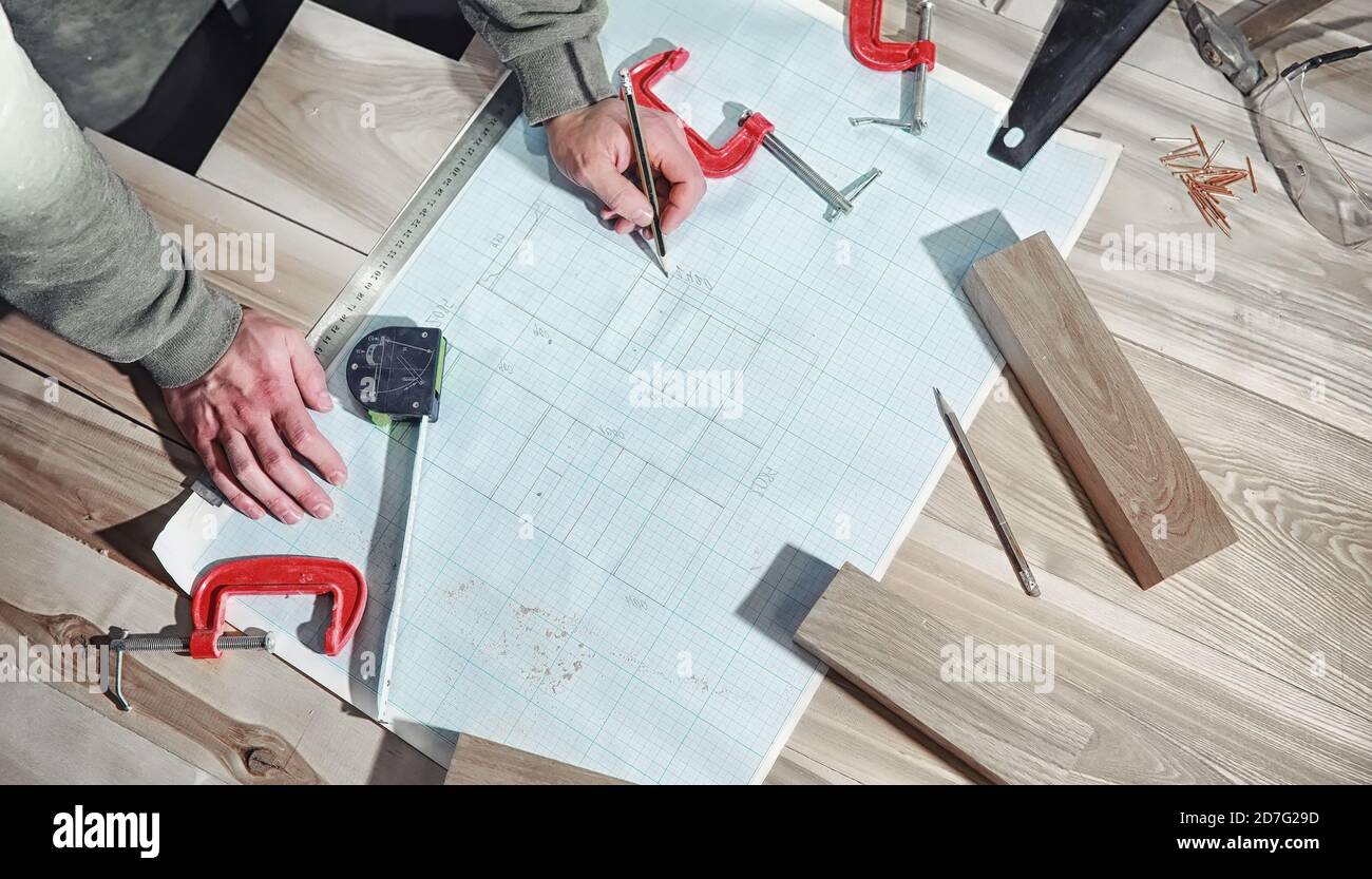 workshop with tools and electric saws in the process of manufacturing ...