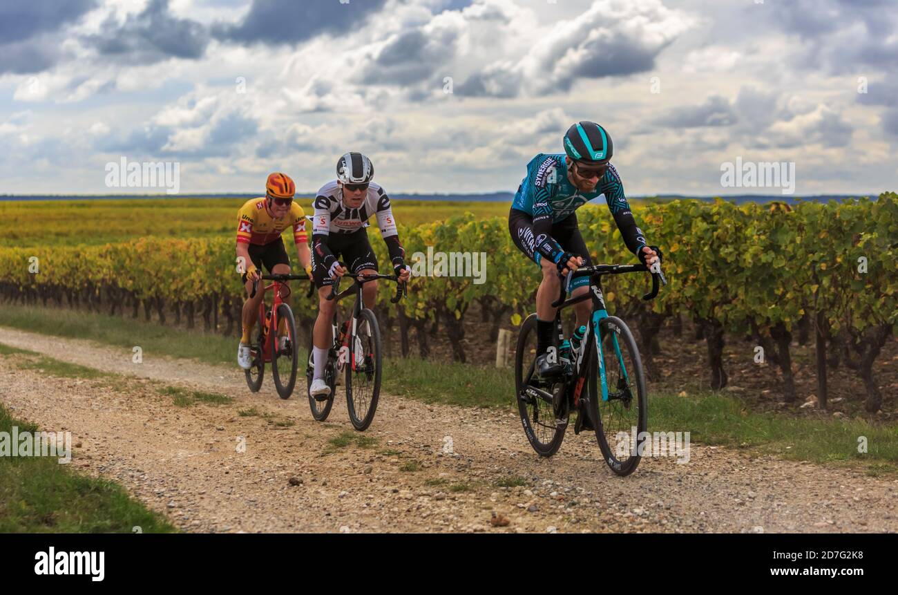 Noizay, France - October 11, 2020: Group of three cyclists including ...