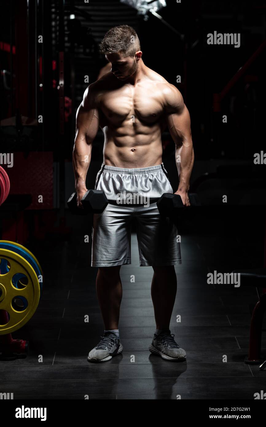 Man Working Out Biceps In A Gym - Dumbbell Concentration Curls Stock ...