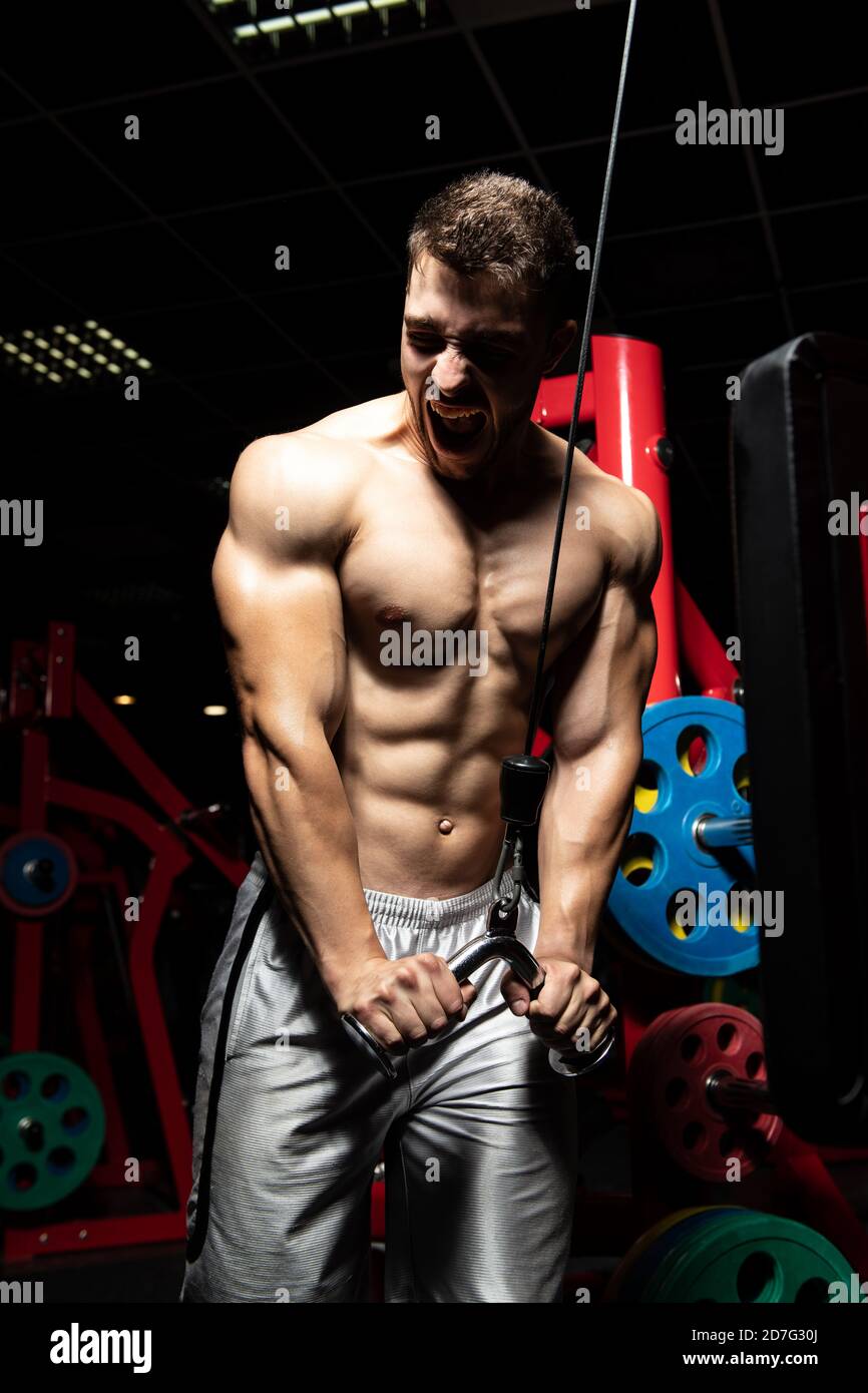 Man In The Gym Exercising On His Triceps On Machine With Cable In The ...