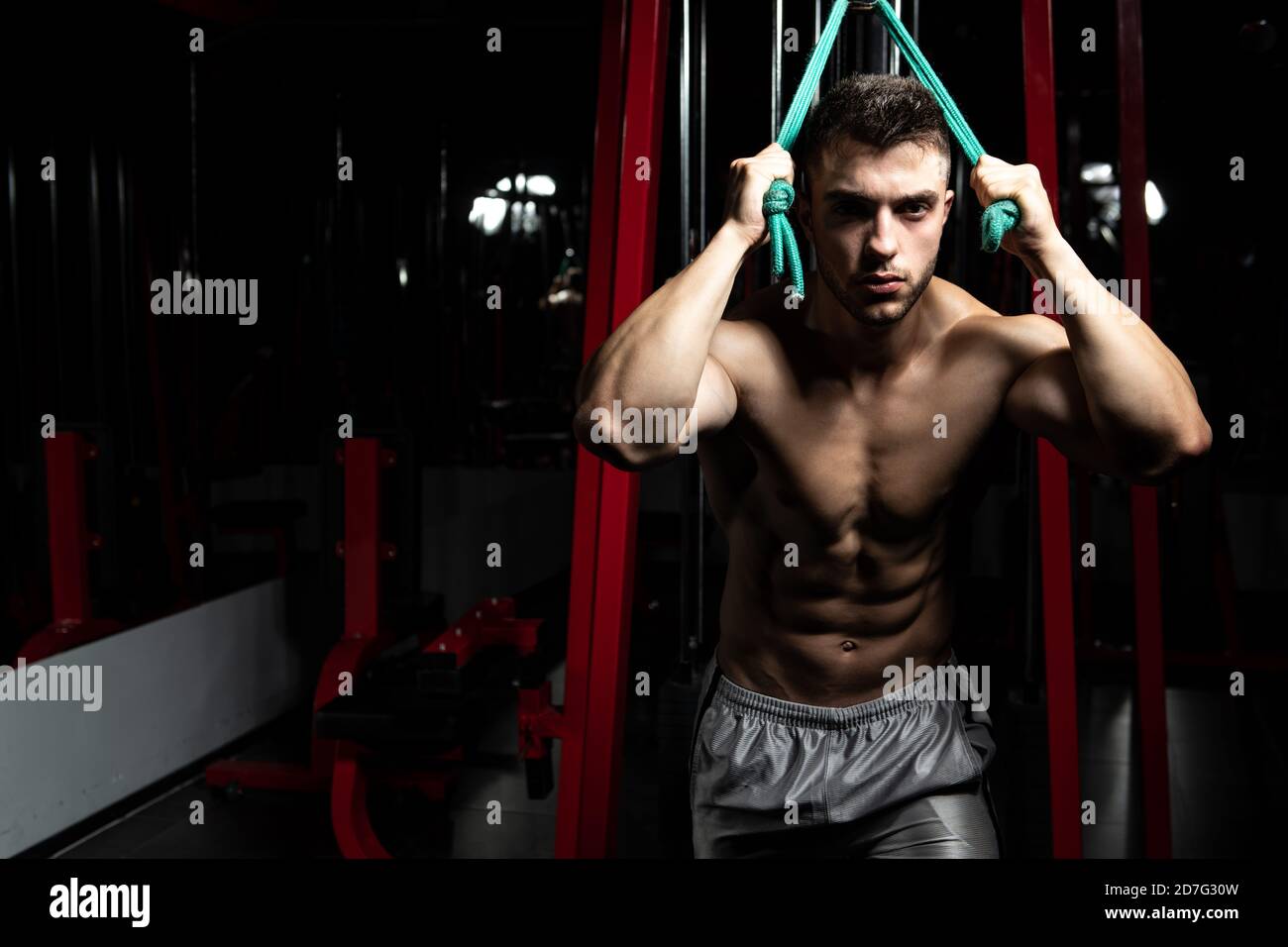 Man In The Gym Exercising On His Triceps On Machine With Cable In The ...
