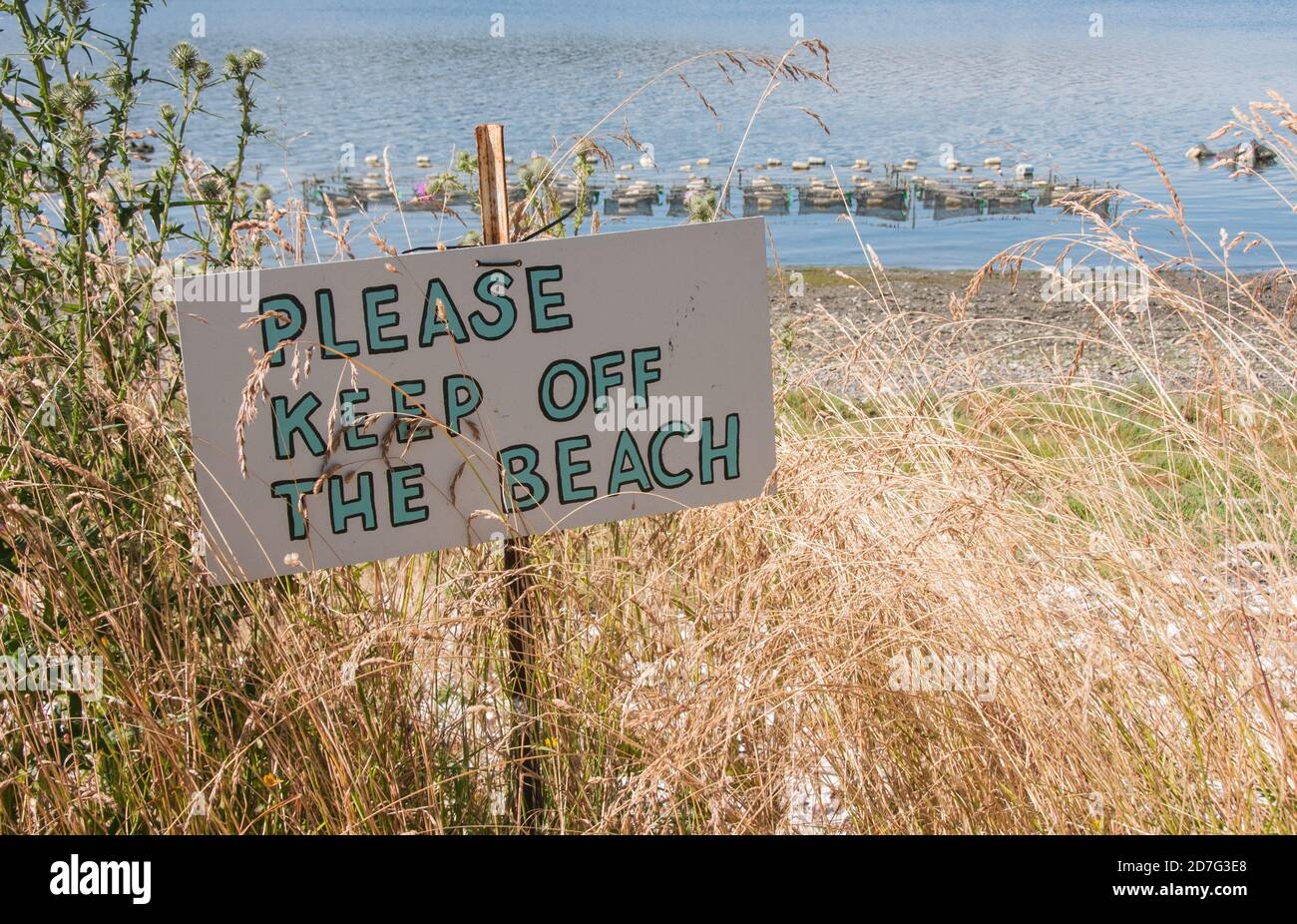 Handmade sign Please Keep Off The Beach Stock Photo - Alamy