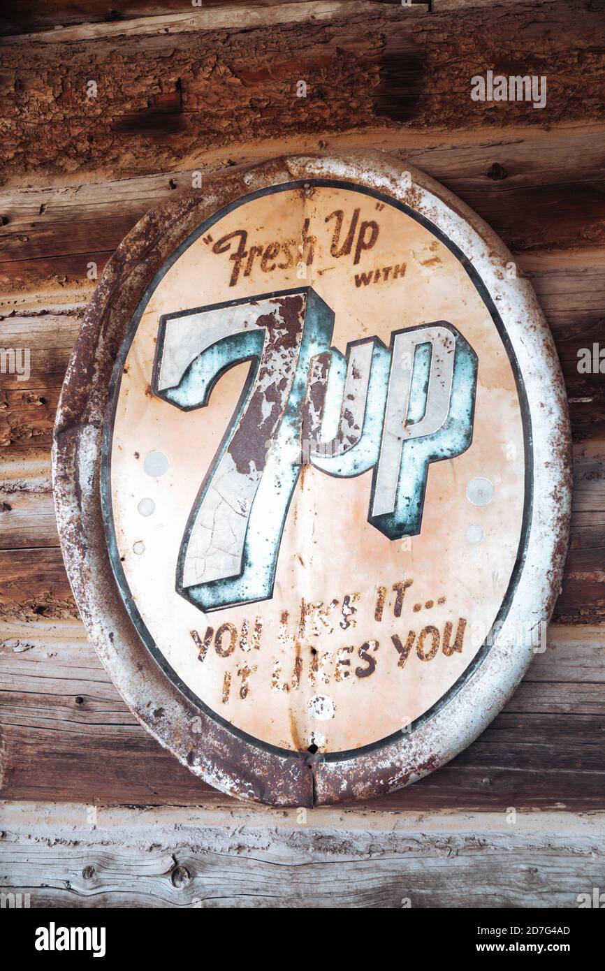 Polebridge, Montana - July 28, 2020: Old vintage retro 7up soda sign ...