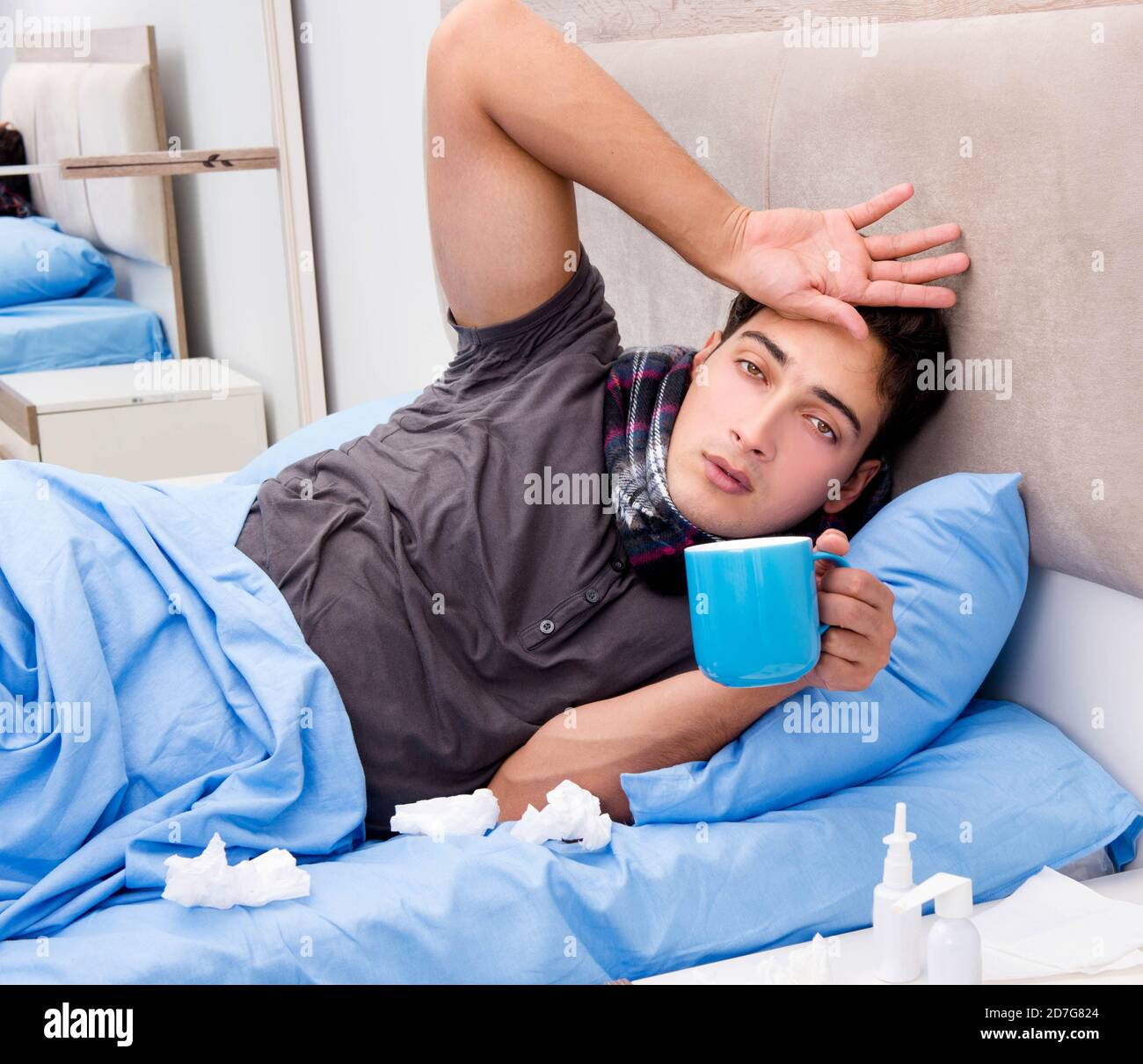 The sick ill man in the bed taking medicines and drugs Stock Photo - Alamy