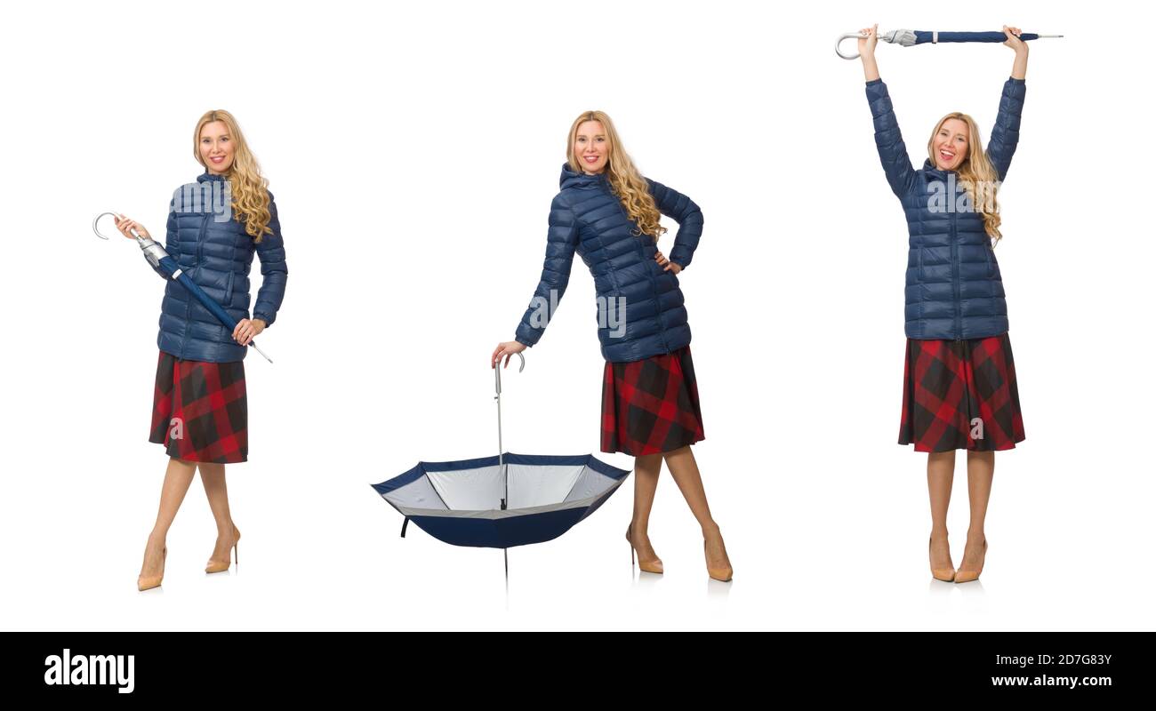 The pretty female model in blue jacket isolated on white Stock Photo ...