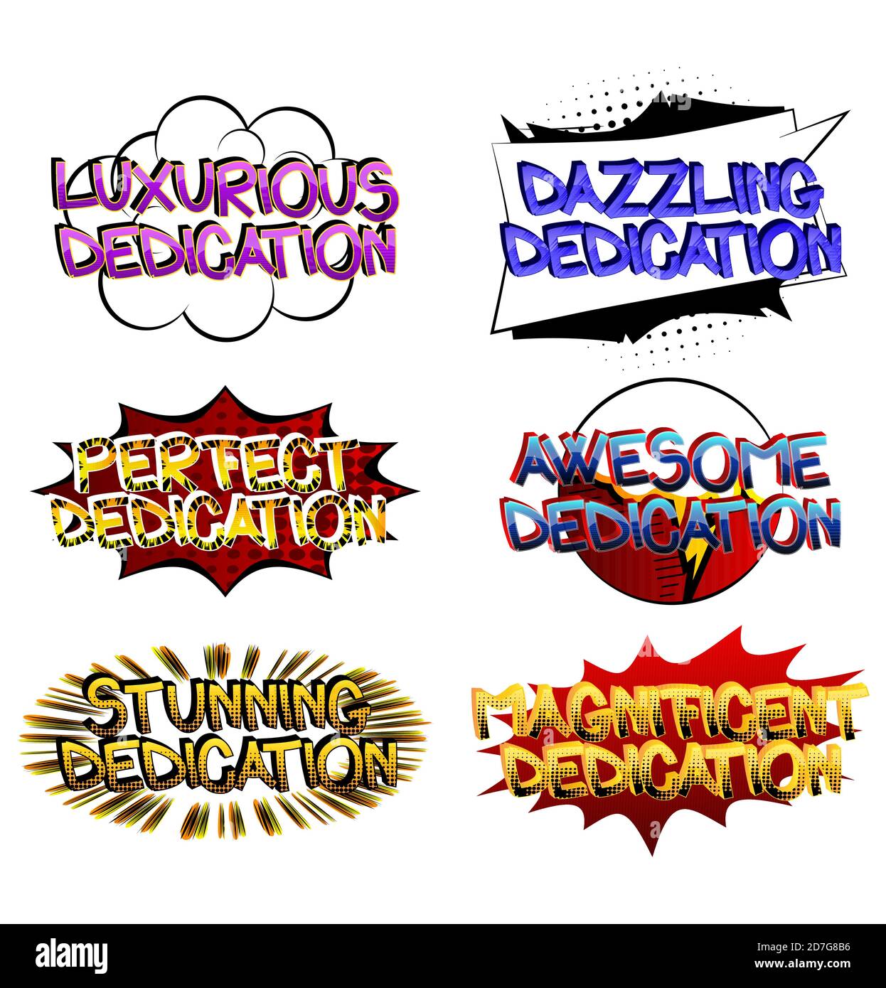 Dedication Comic book style cartoon words on abstract colorful comics ...