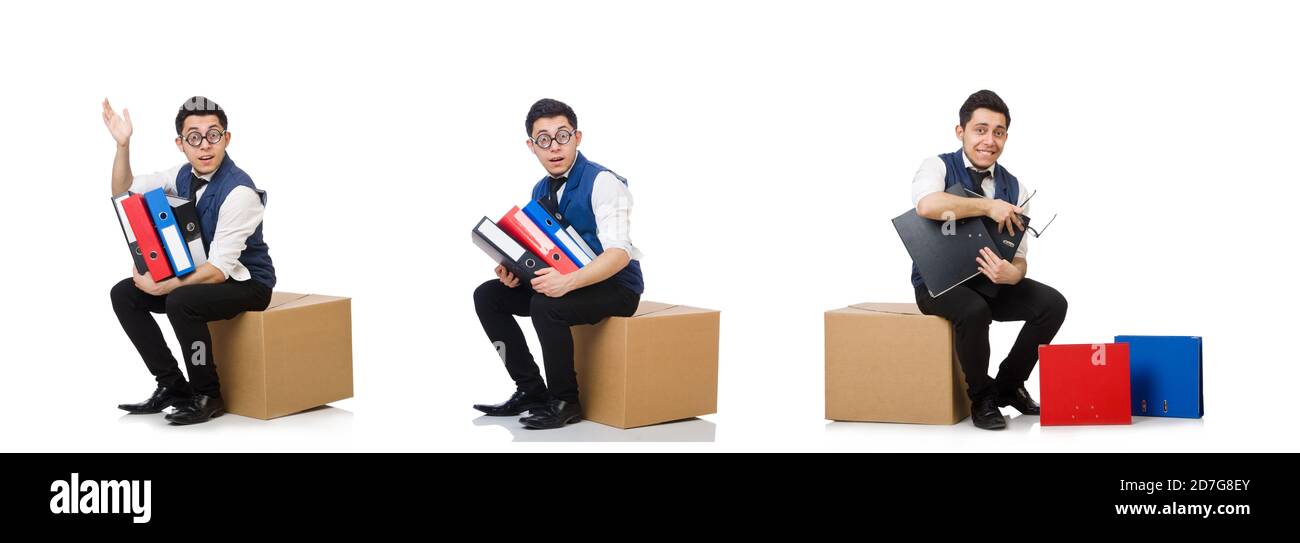 The young employee sitting on the box isolated on white Stock Photo - Alamy