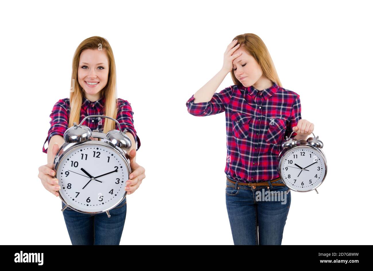 The woman with clock isolated on white Stock Photo - Alamy