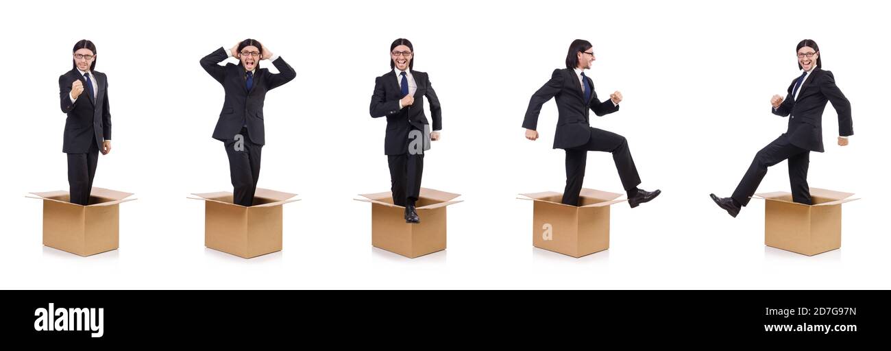 The man in thinking out of the box concept Stock Photo - Alamy