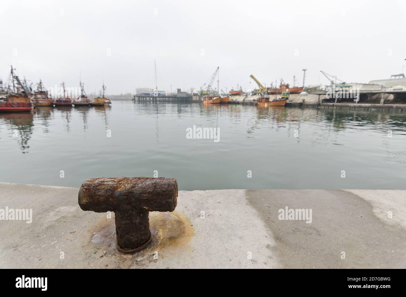 Landscape of mooring bollard in the seaport of Mar del Plata, Argentina ...
