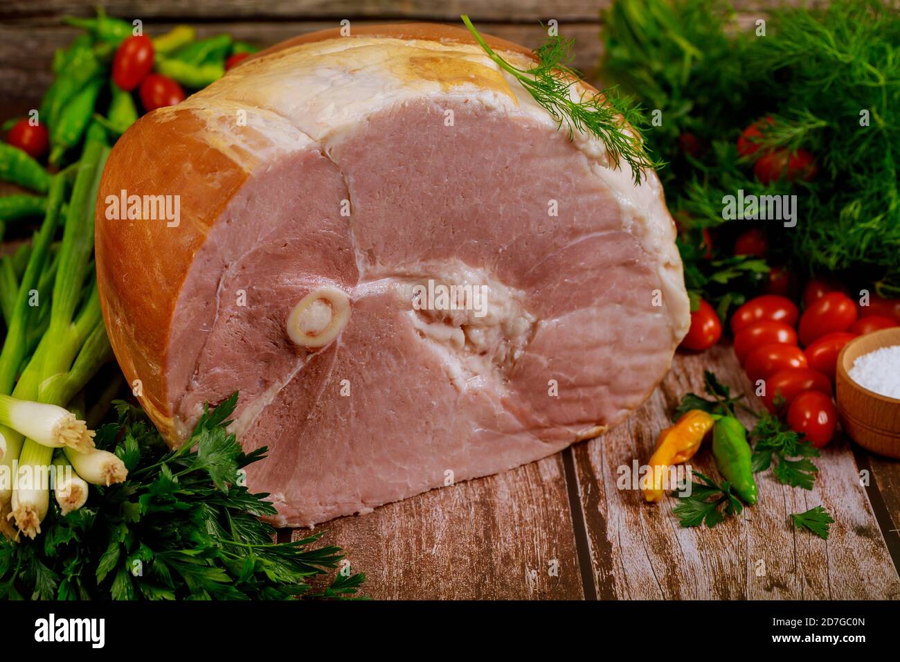 Whole and cooked ham with radish, scallion, dill and salt Stock Photo ...