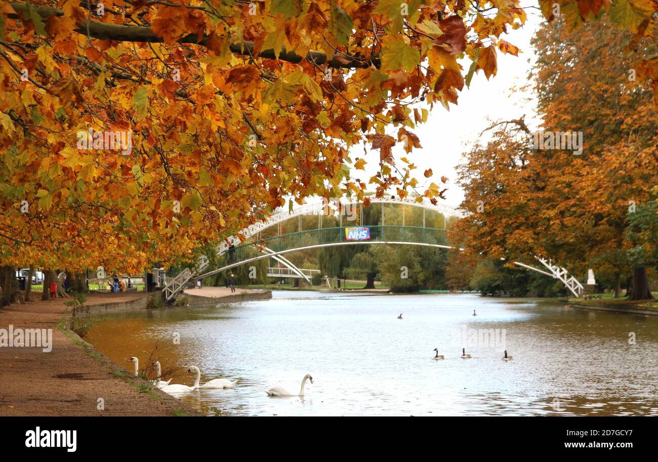 Bedford, UK. 22nd Oct, 2020. Colourful trees alongside the river during ...