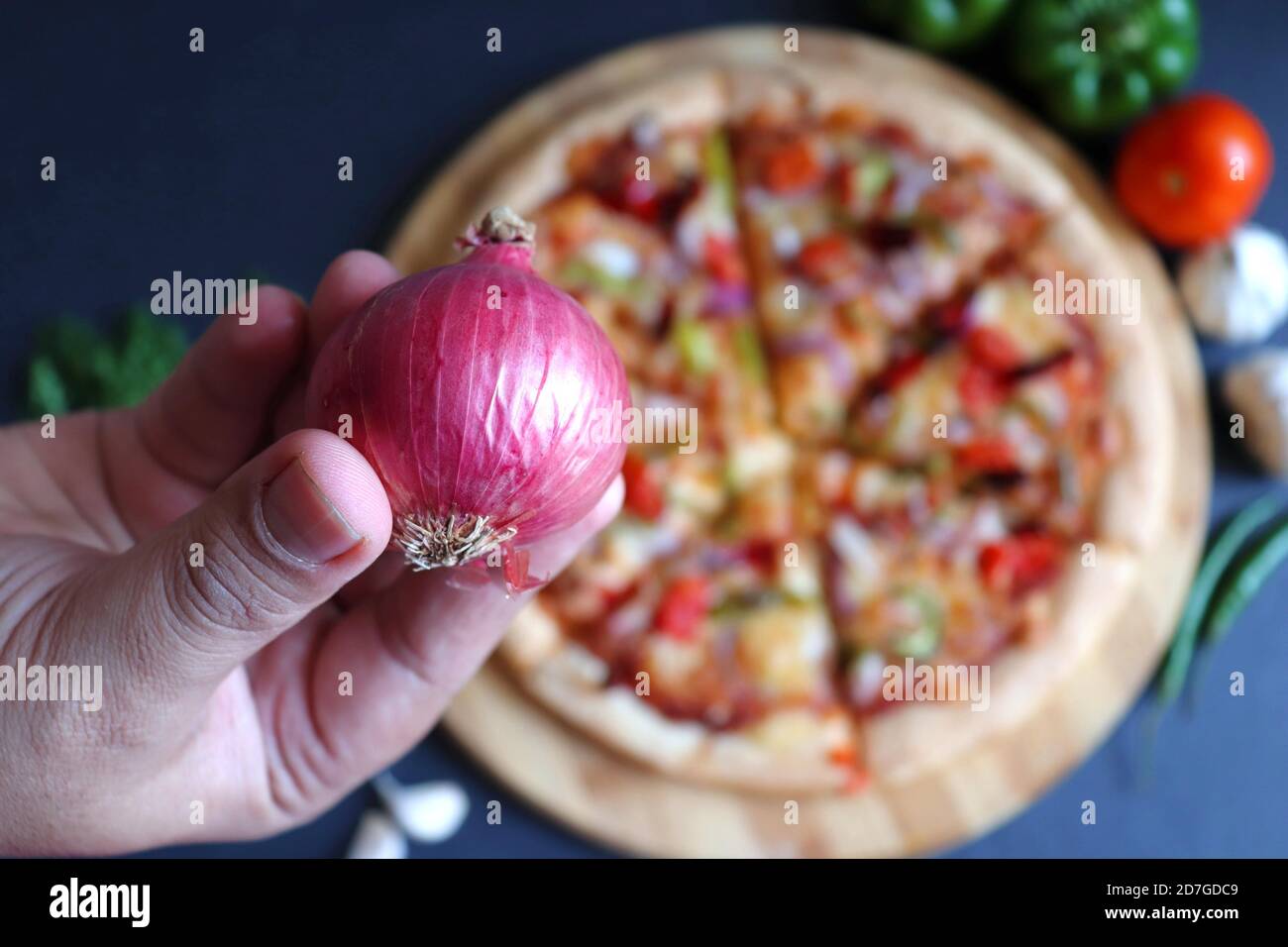 Food- Traditional Italian veggie pizza. Toppings are capsicum, corn ...