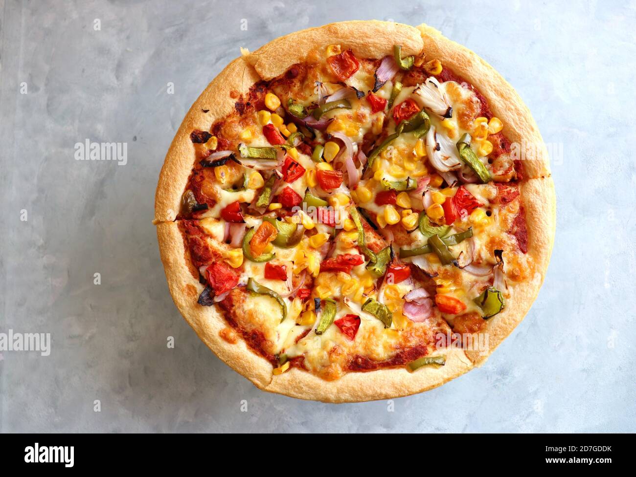 Food- Traditional Italian veggie pizza. Toppings are capsicum, corn ...