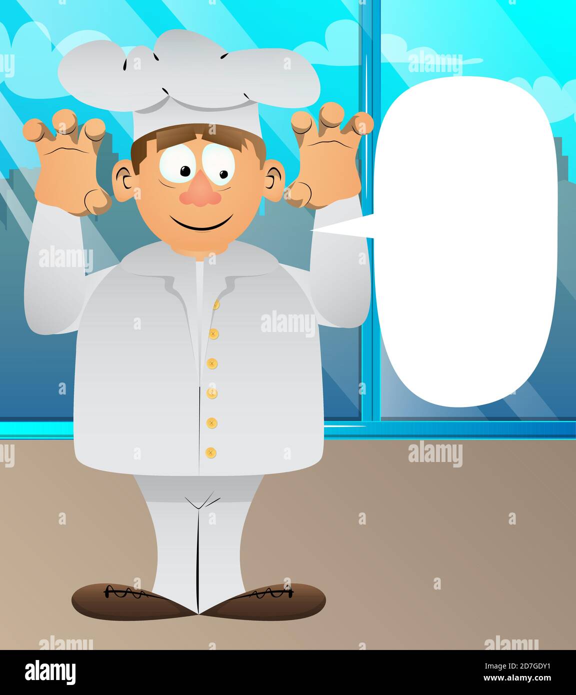 Fat male cartoon chef in uniform is trying to scare you. Vector ...