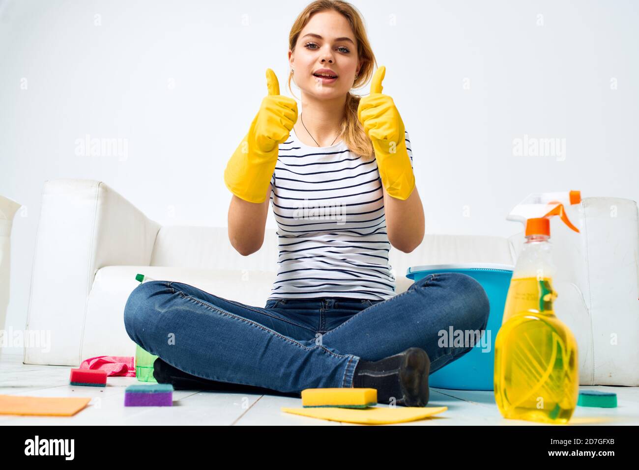 Cleaning lady at home interior housewife rendering service detergent ...