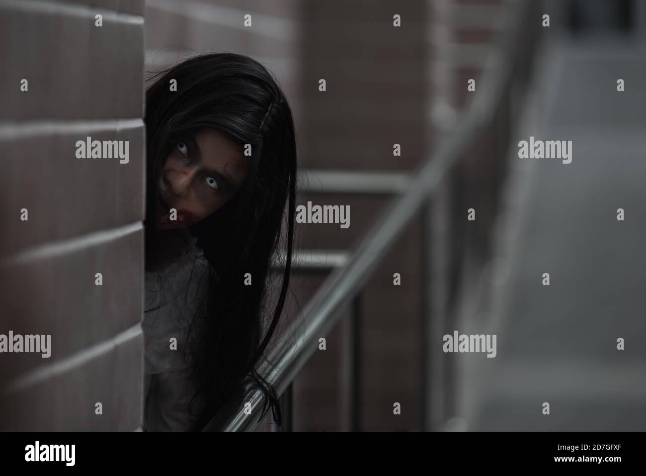 Horror evil woman ghost creepy in a dark room at house. Female zombie ...