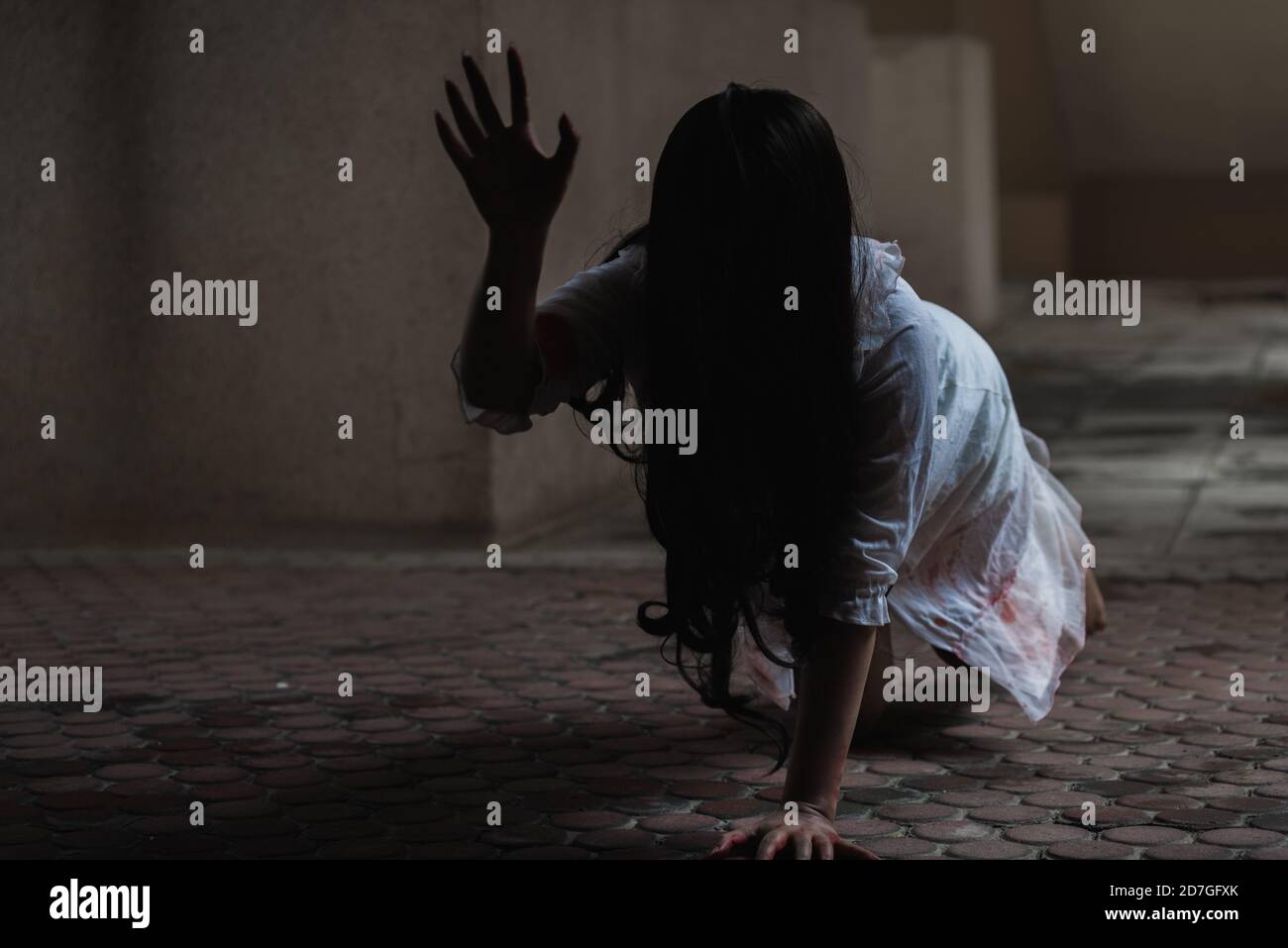 Female zombie in blood. Asian Woman ghost with blood. Horror scary fear ...