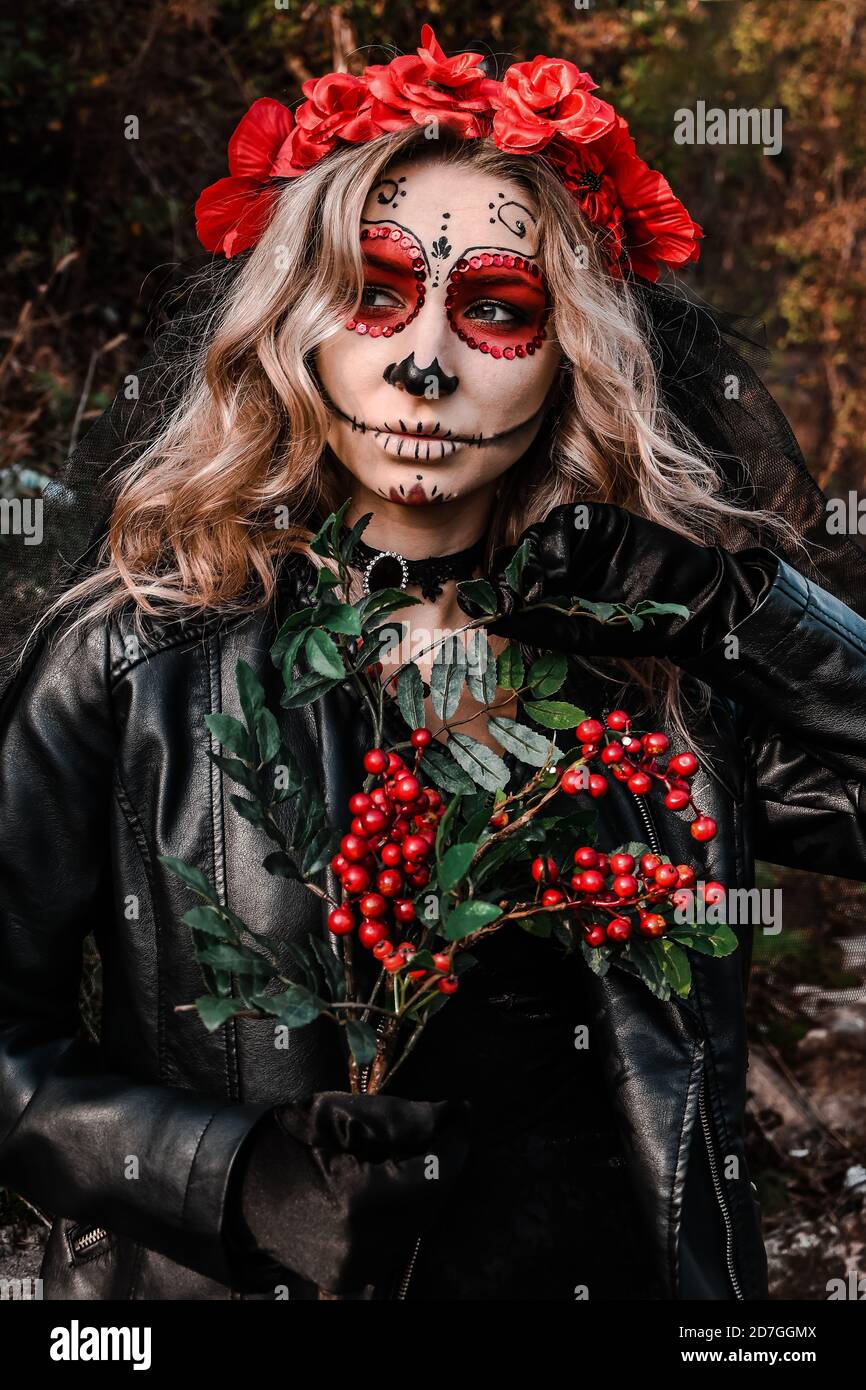Closeup portrait of Calavera Catrina. Young woman with sugar skull ...