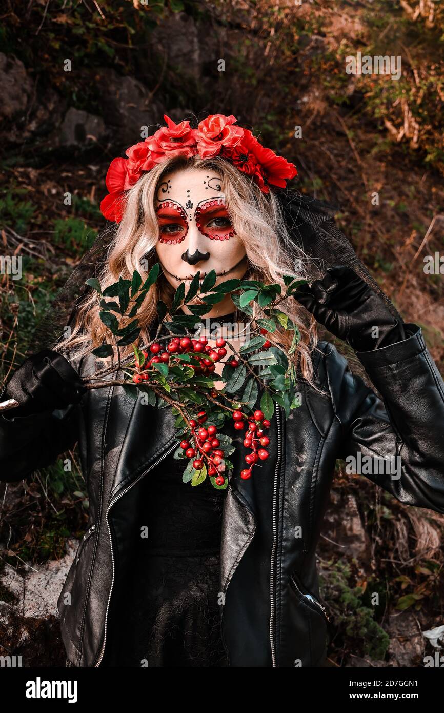 Closeup portrait of Calavera Catrina. Young woman with sugar skull ...