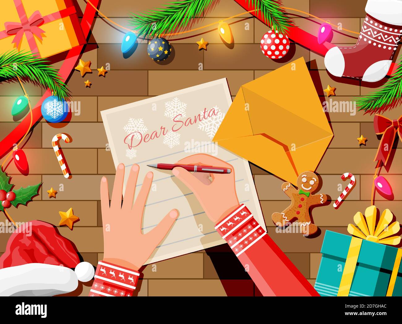 Letter with wishes to santa claus. Wooden desk candycane, envelope, fur ...