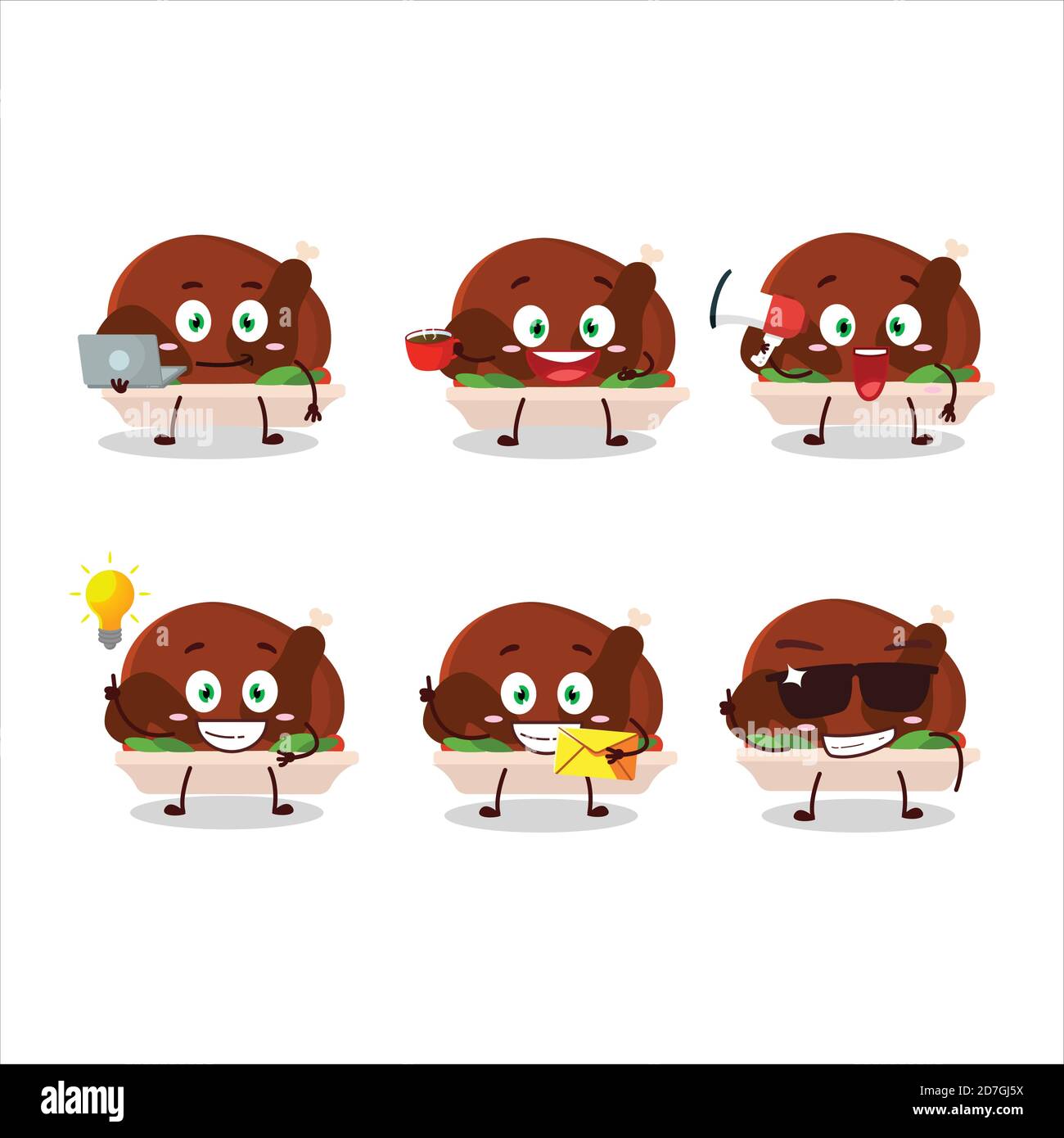 Turkey meat cartoon character with various types of business emoticons ...