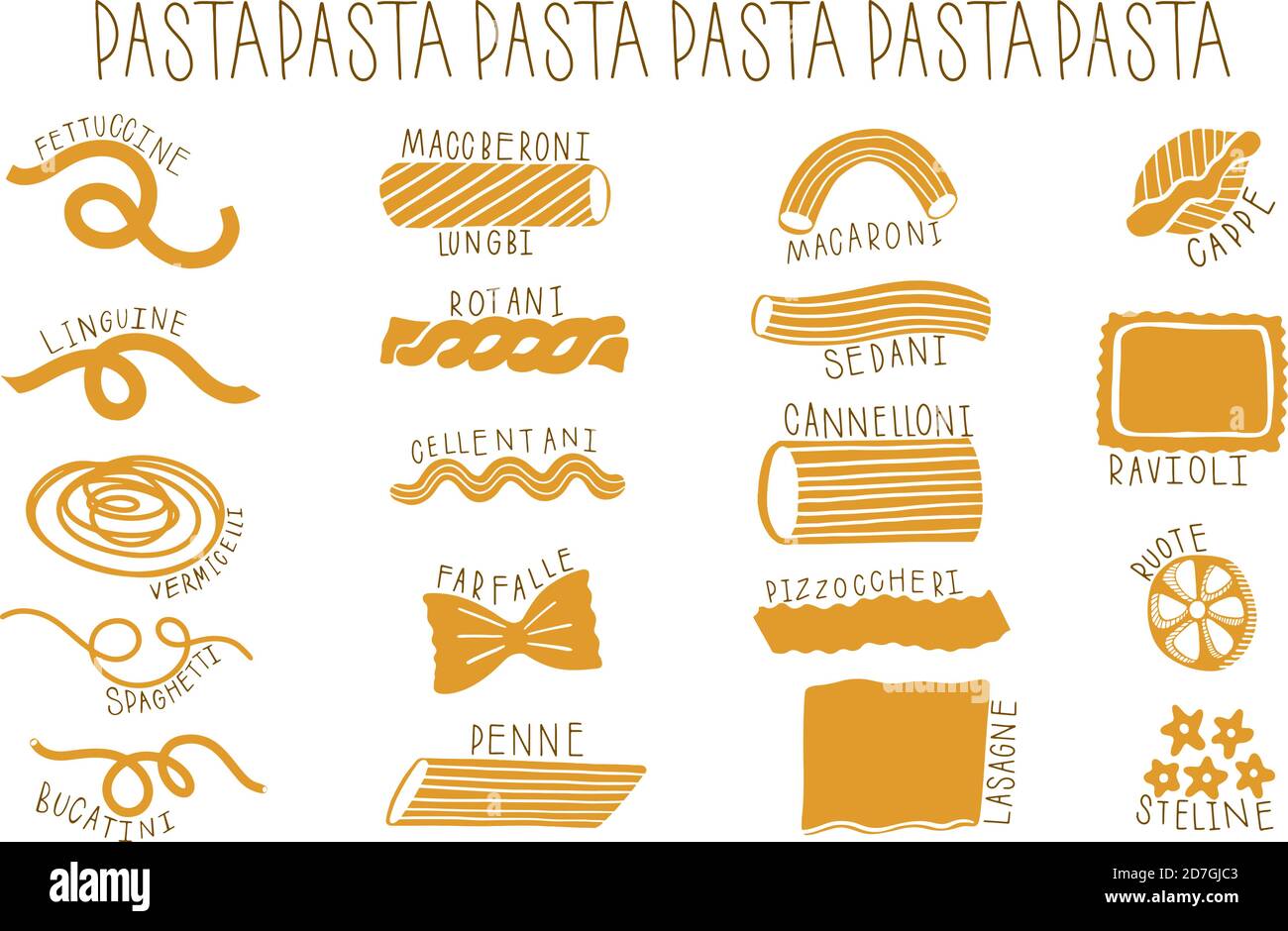 Hand drawn type pasta set. Different Variation macaroni doodle hand ...