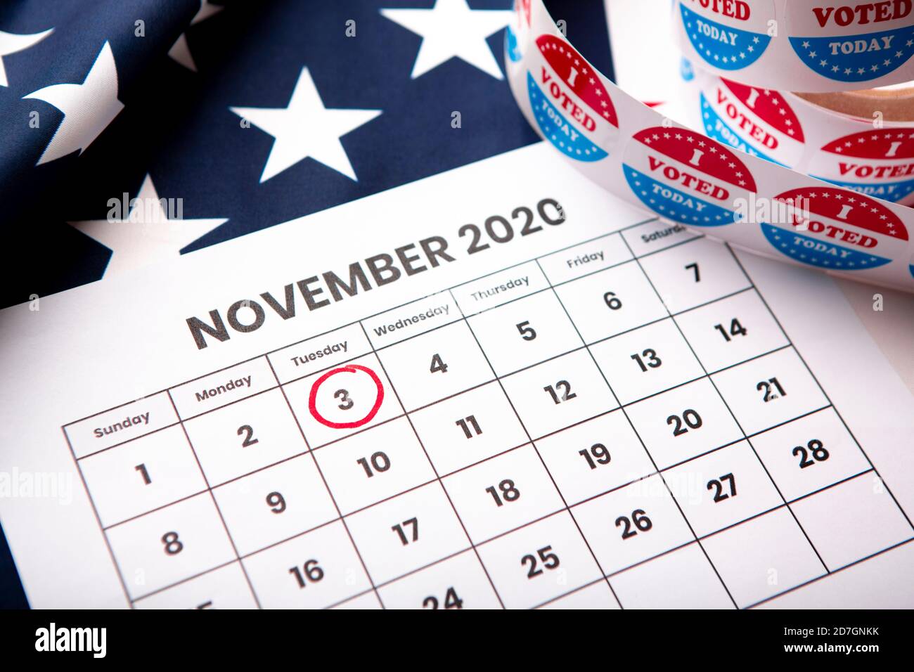 November 2020 presidential election date on calendar concept. Red white ...