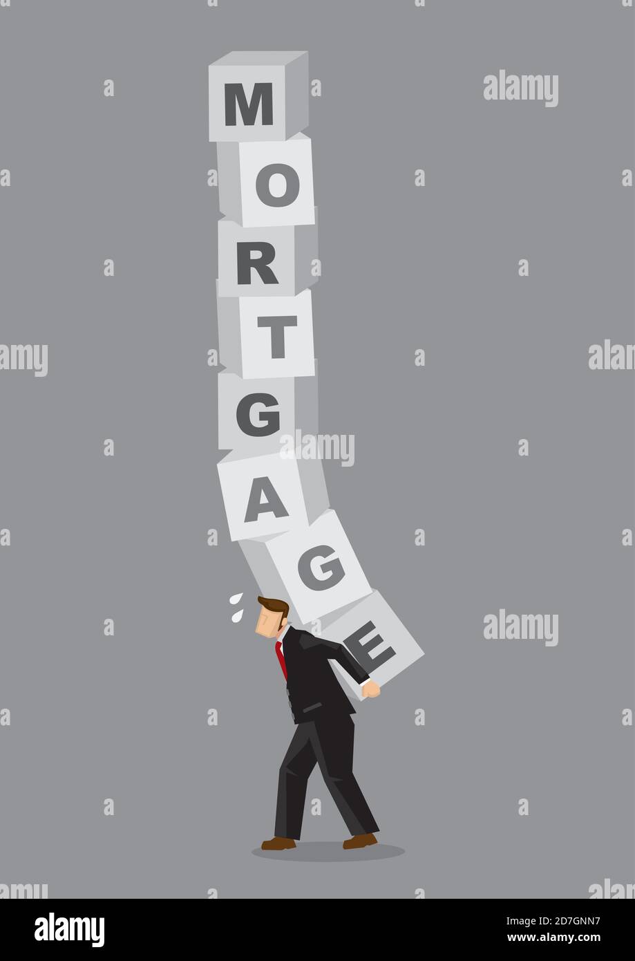 Cartoon businessman carrying heavy blocks that read Mortgage on his ...